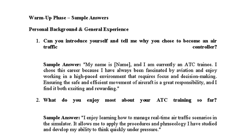 ATC 101: Sample Answers to Interview Questions on Training - Studocu