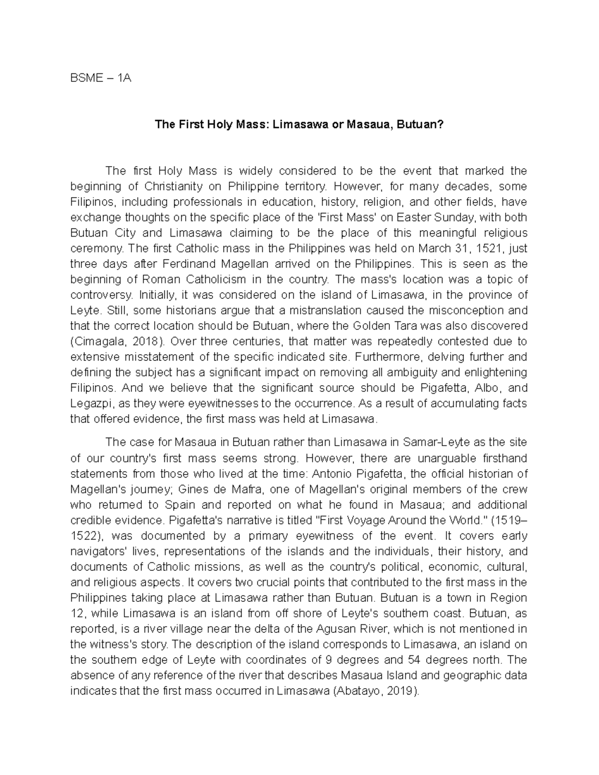 BSME – 1A Essay: The First Mass in the Philippines - Limasawa vs ...