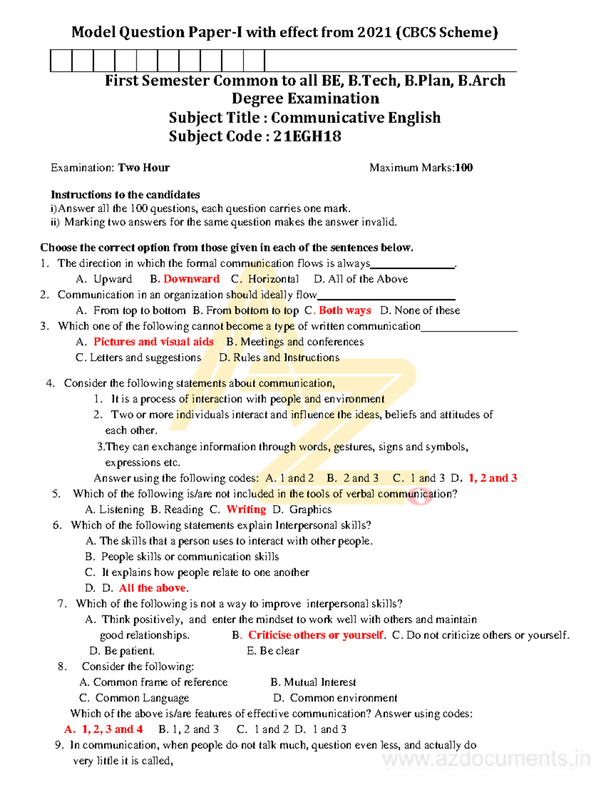 21EGH18 Model Question Paper for Communicative English Exam - Studocu