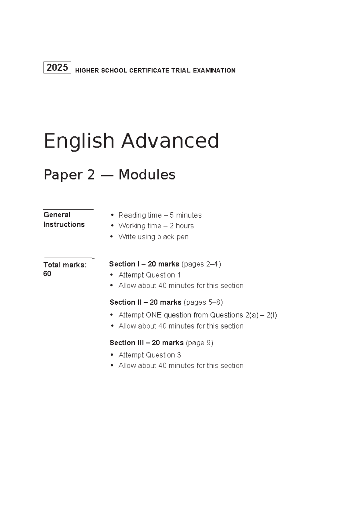 2025 HSC Trial Exam: English Advanced Paper 2 Overview - Studocu