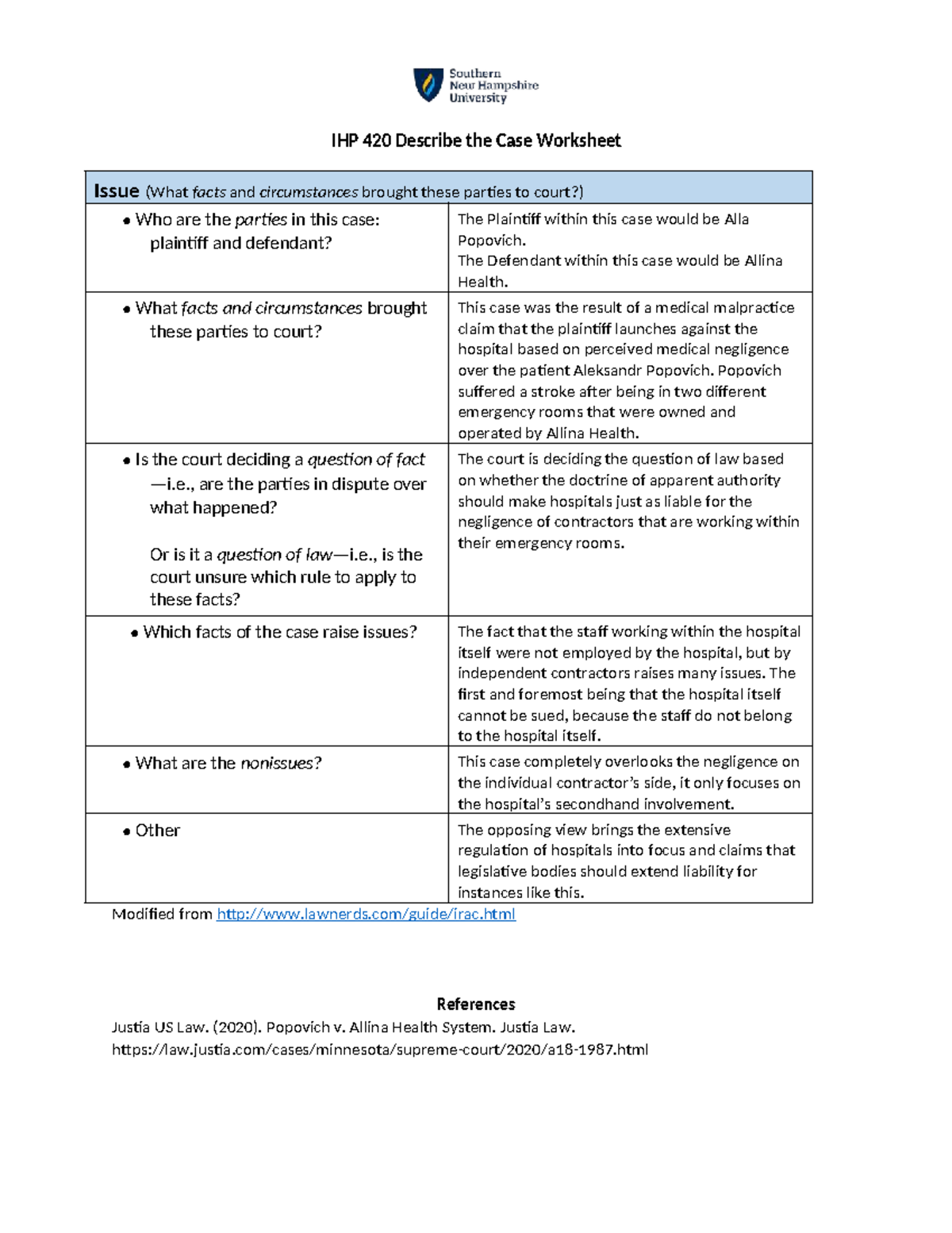IHP 420 Describe The Case Worksheet Annabelle Edwards - IHP 420 ...
