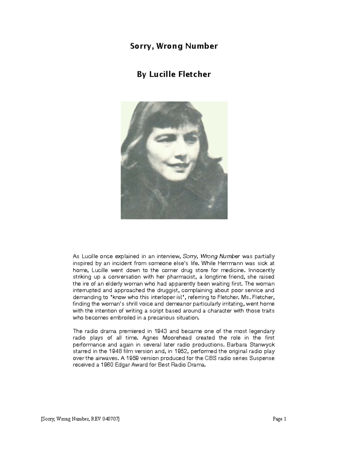 Sorry, Wrong Number: A Study of Lucille Fletcher's Radio Drama - Studocu