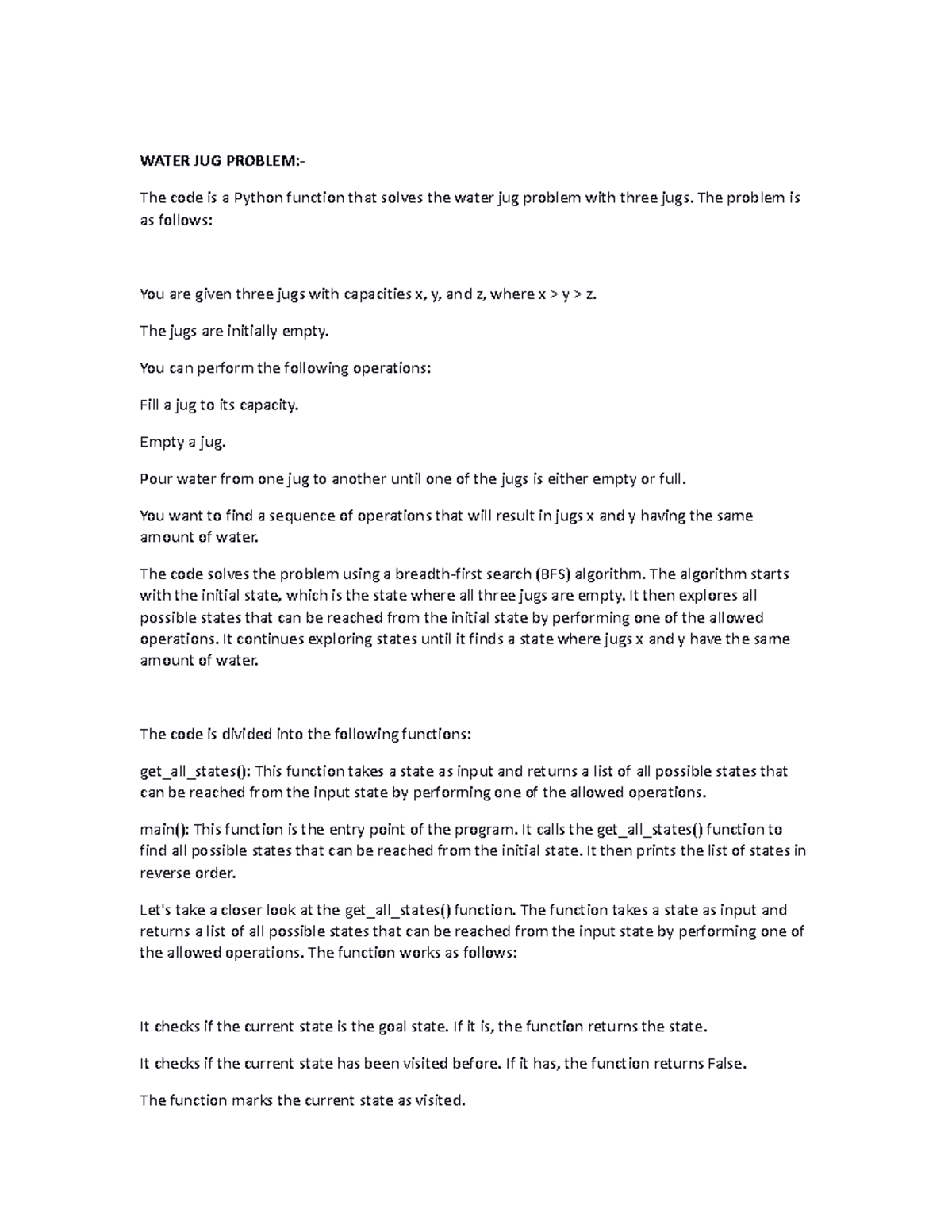 AI Water Jug Problem Using BFS Algorithm for Solution - Studocu