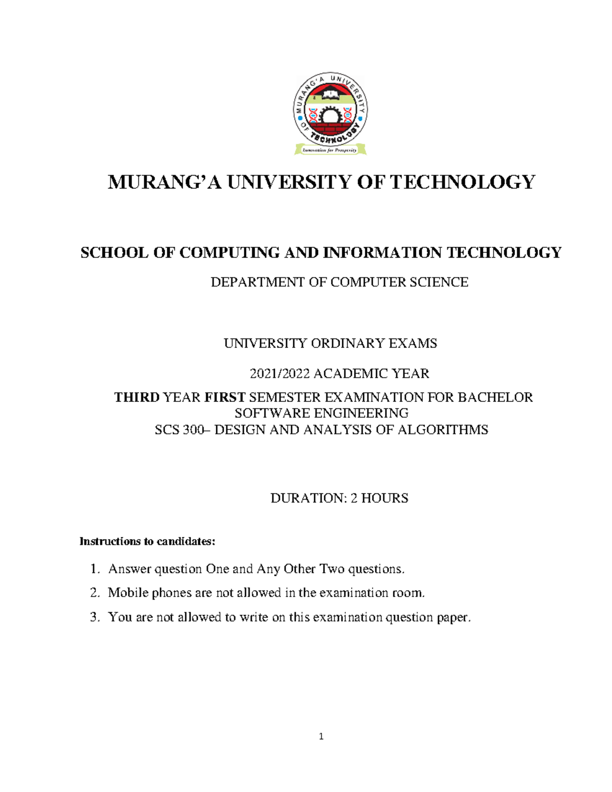 SCS 300 Final Exam: Design and Analysis of Algorithms - Studocu