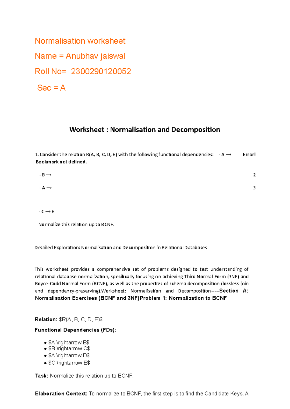 Normalisation Worksheet: BCNF & 3NF Exercises (Course Code: DB101 ...