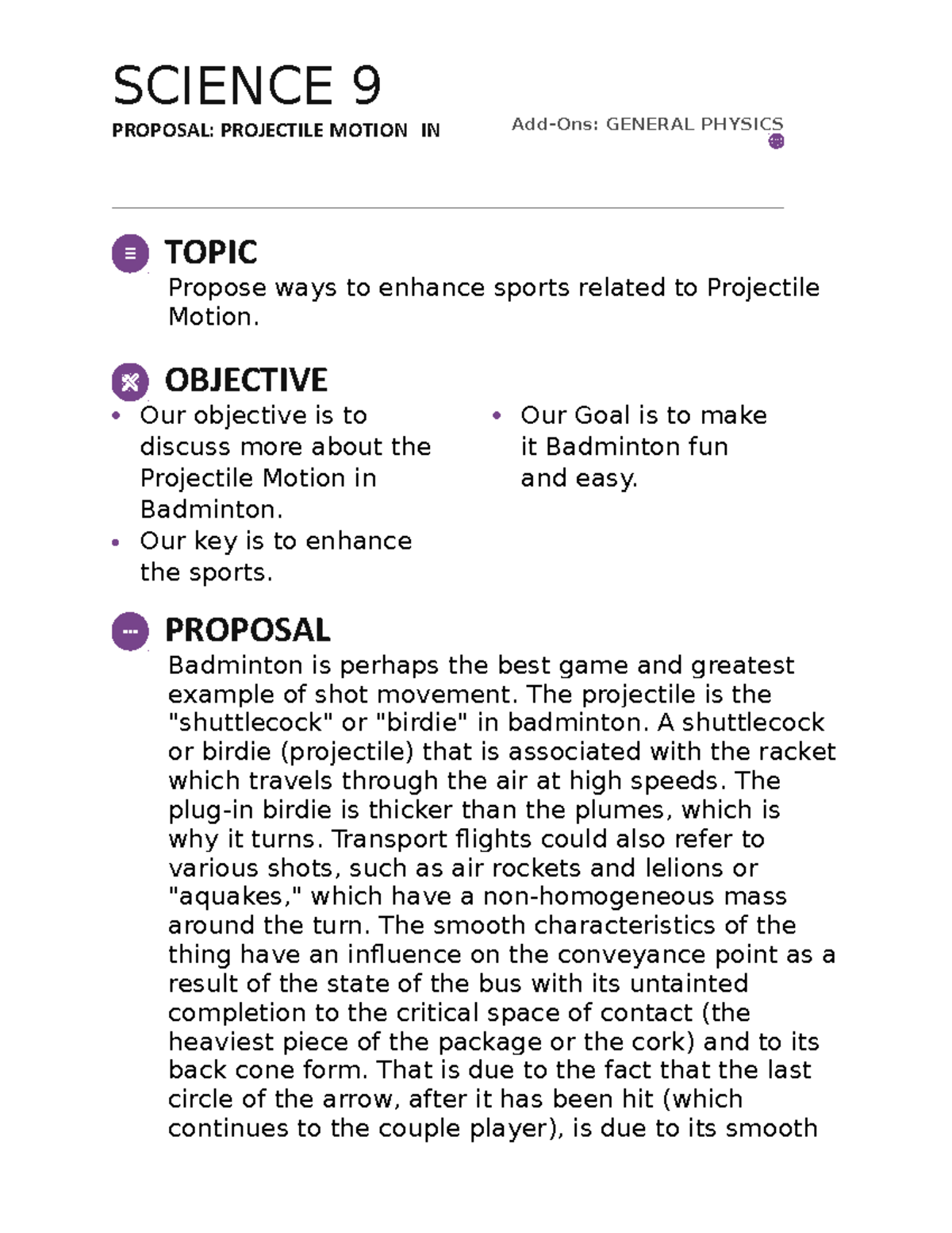 Physics - SCIENCE 9 PROPOSAL: PROJECTILE MOTION IN Add-Ons: GENERAL ...