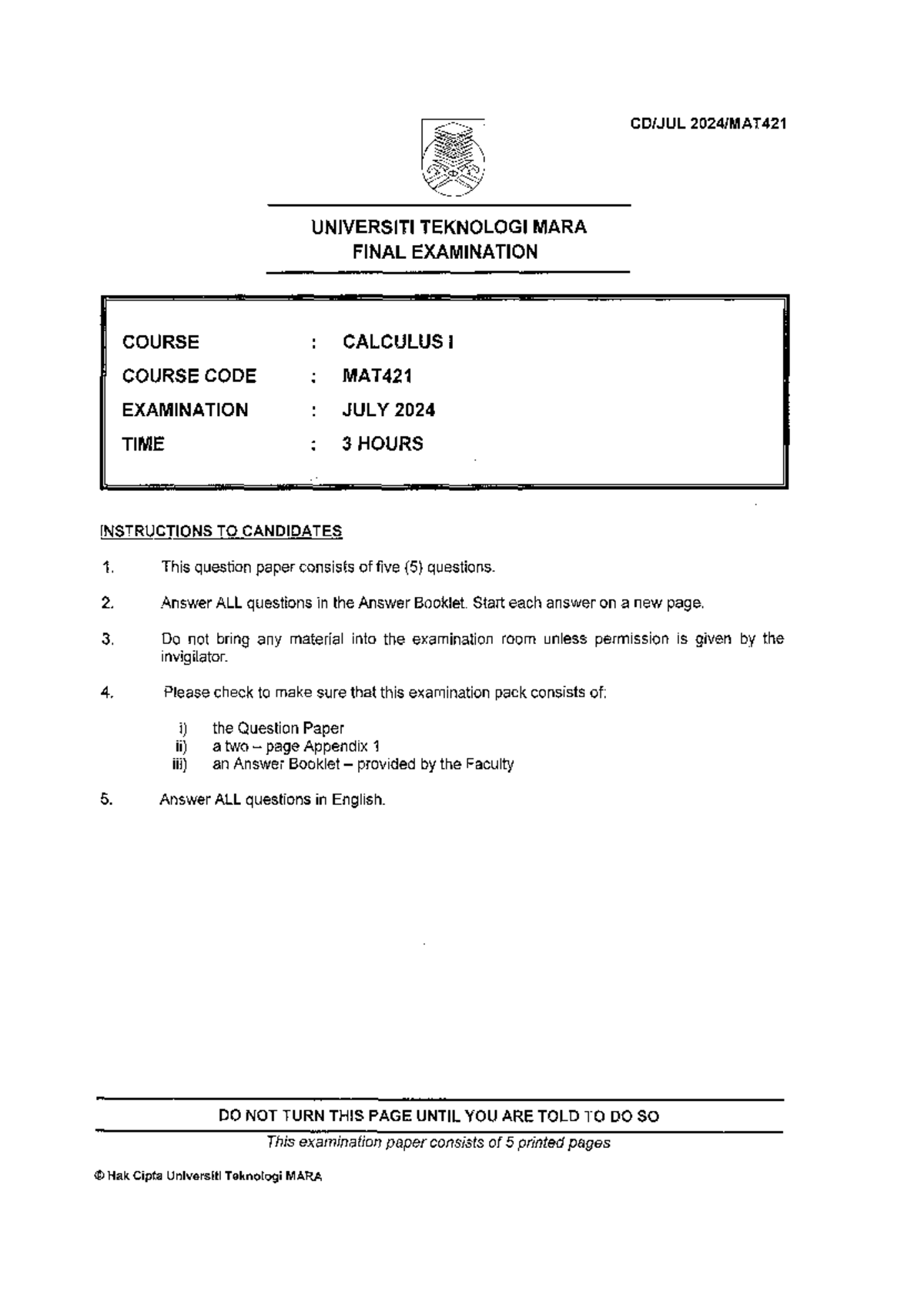MAT421 Final Exam Paper - Calculus I July 2024 - Studocu
