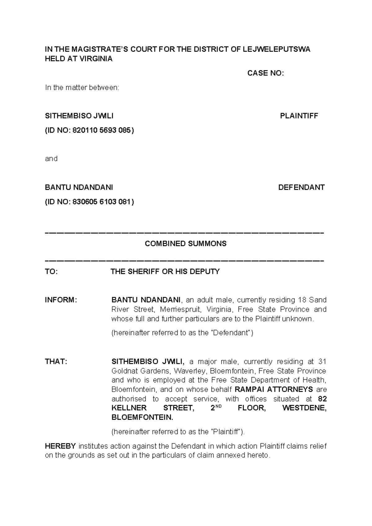 LCC 15/2022B Notice of Set Down for Rescission Hearing - Template - Studocu