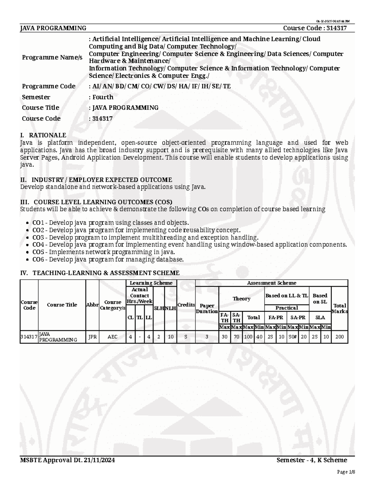JAVA PROGRAMMING Syllabus and Learning Outcomes (Course Code: 314317) - Studocu