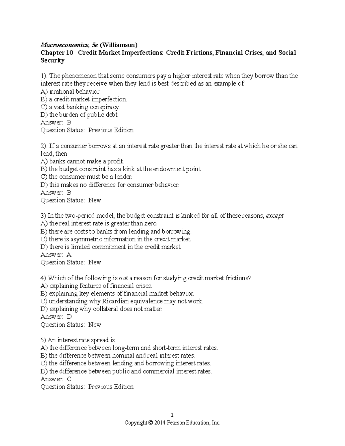 Test chapter 10 2016, questions and answers - Macroeconomics, 5e ...