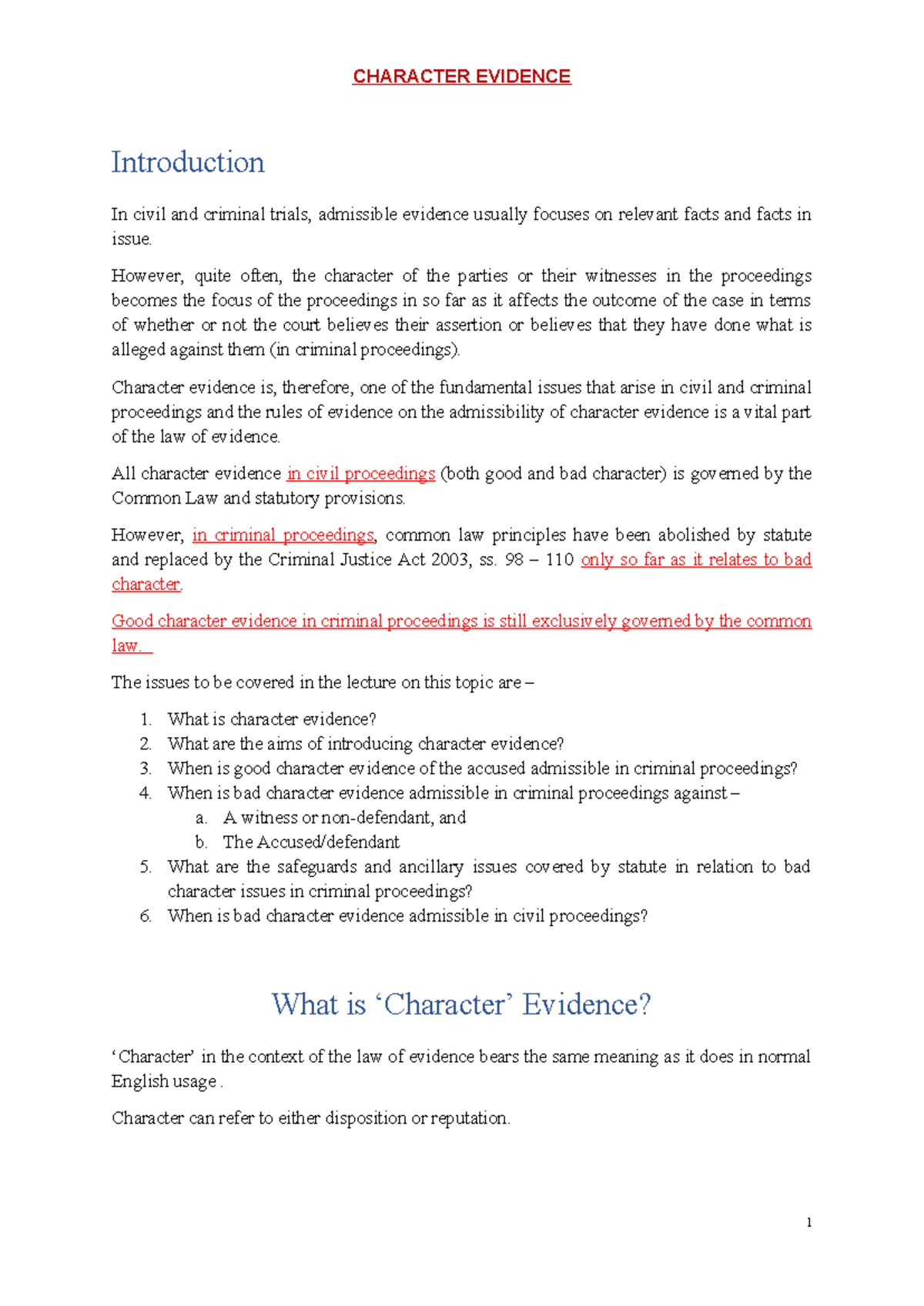 Admissibility of Bad Character Evidence in Criminal Trials (Law 300 ...