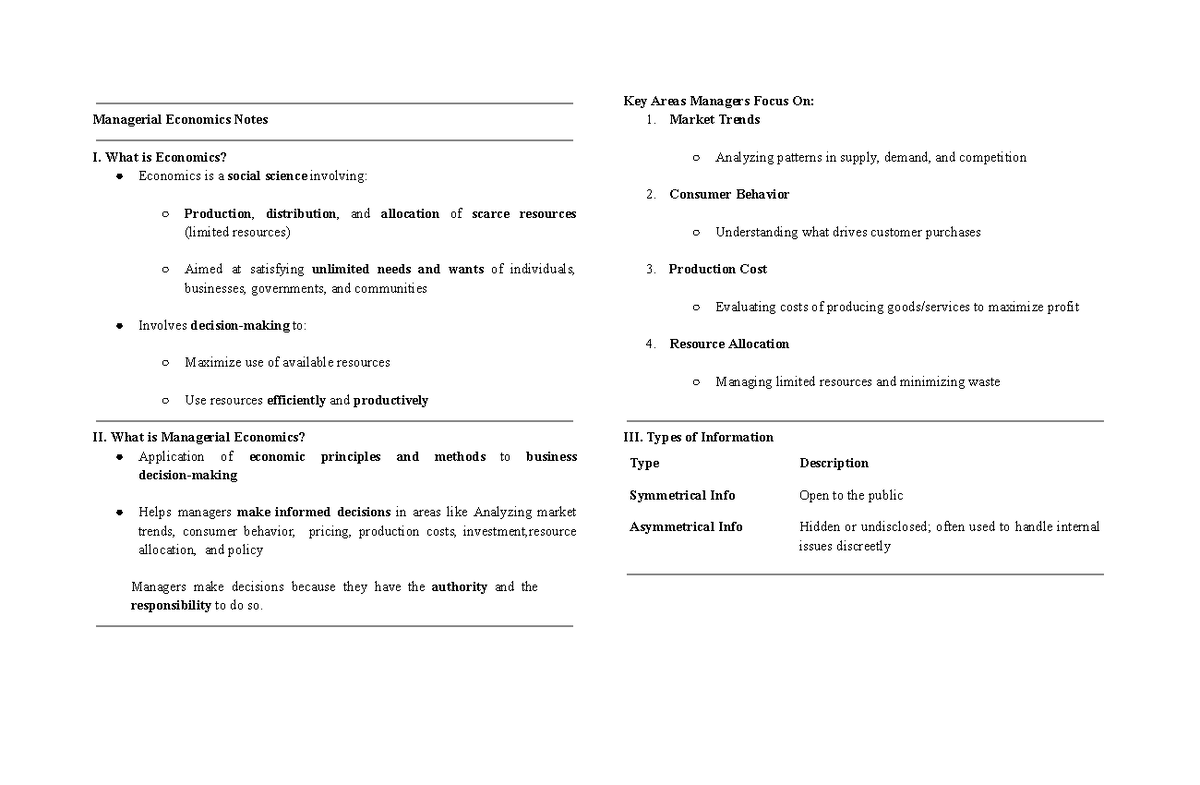 Managerial Economics (ECO 101): Key Concepts and Case Studies Notes ...