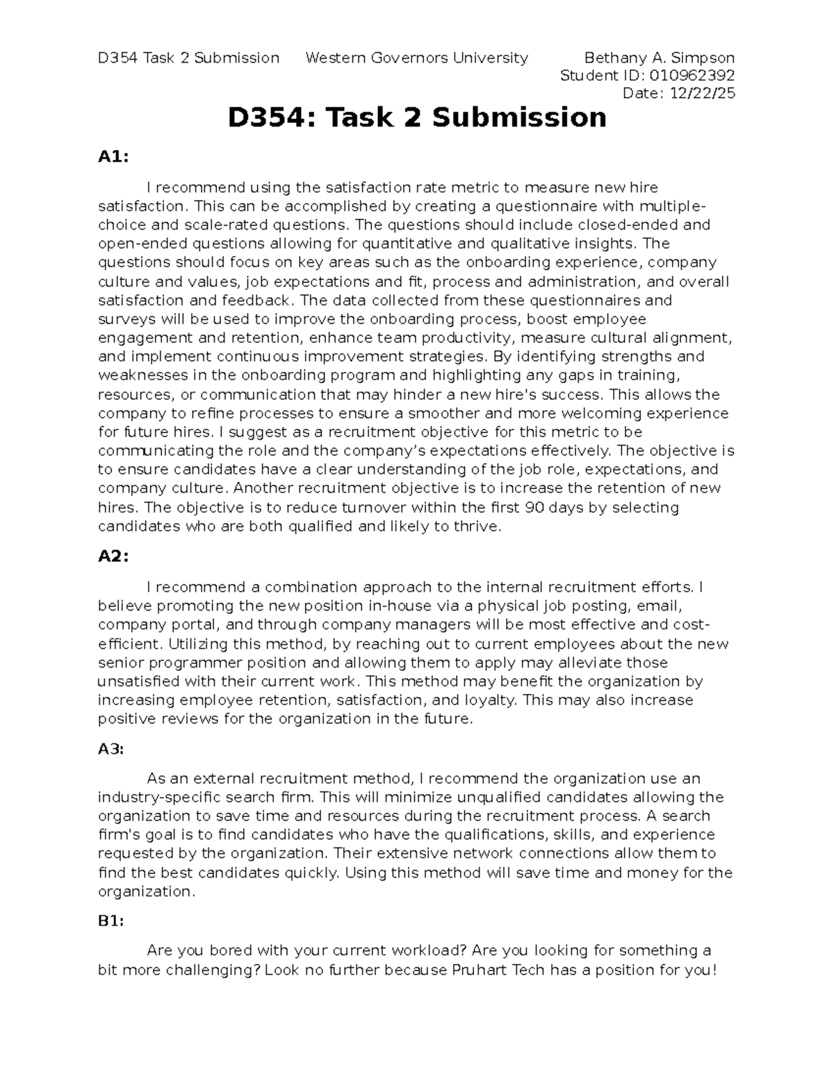 D354 Task 2 Submission - Employee Recruitment Strategies - Studocu