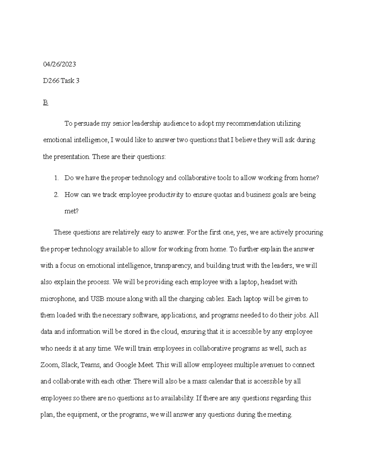 D266 Task 3 B - Leadership Presentation on Remote Work Strategy - Studocu