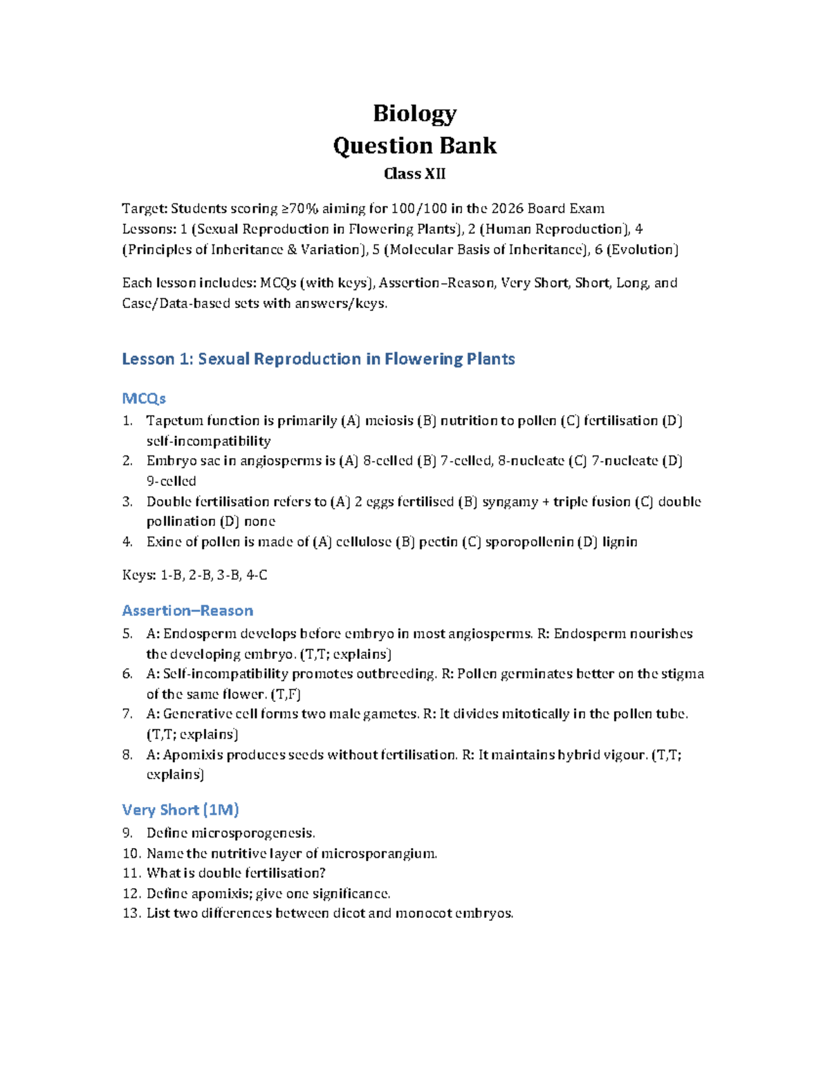 Class 12 Biology Question Bank for 2026 Board Exam Preparation - Studocu