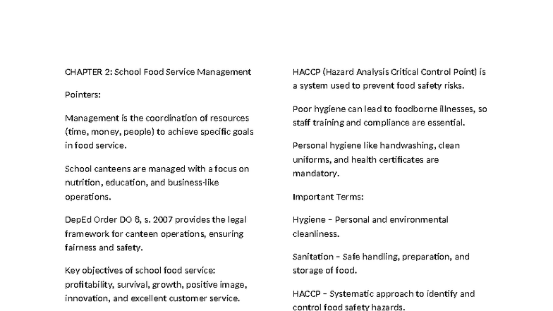 CHAPTER 2: School Food Service Management Overview and Key Pointers ...
