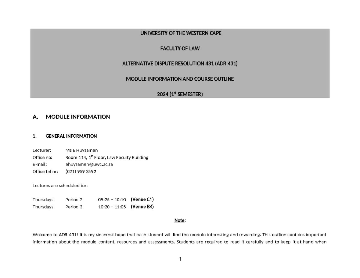 ADR 431 Course Outline and Module Details for 2024 - Studocu