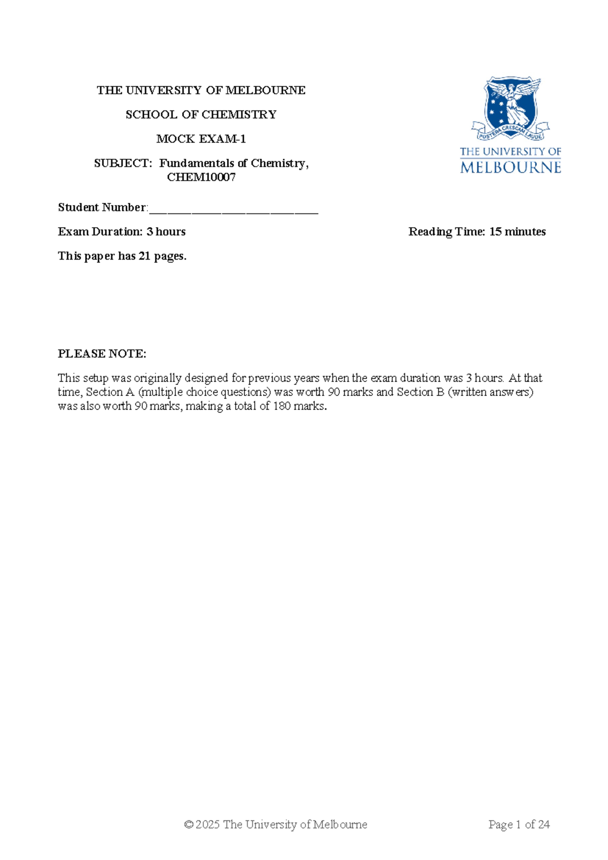 CHEM10007 Mock Exam 1: Comprehensive Fundamentals of Chemistry - Studocu