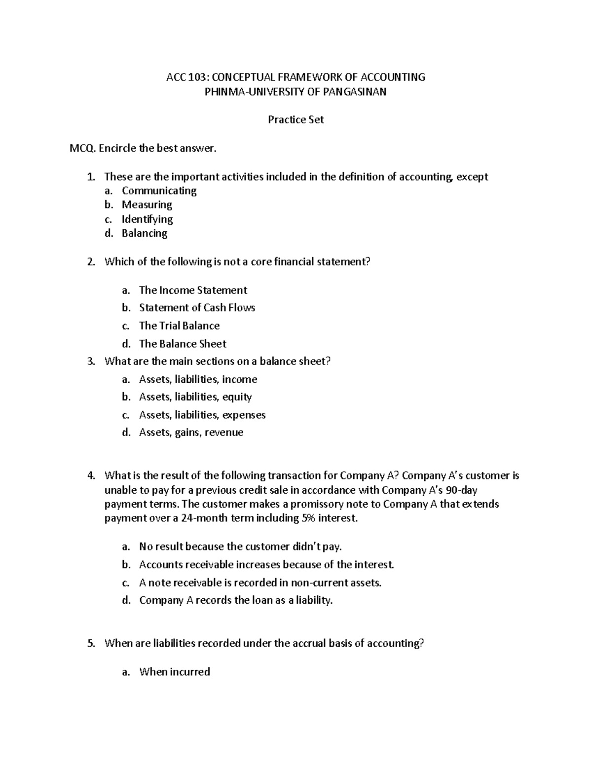 ACC 103: Conceptual Framework of Accounting - Practice Set MCQ - Studocu