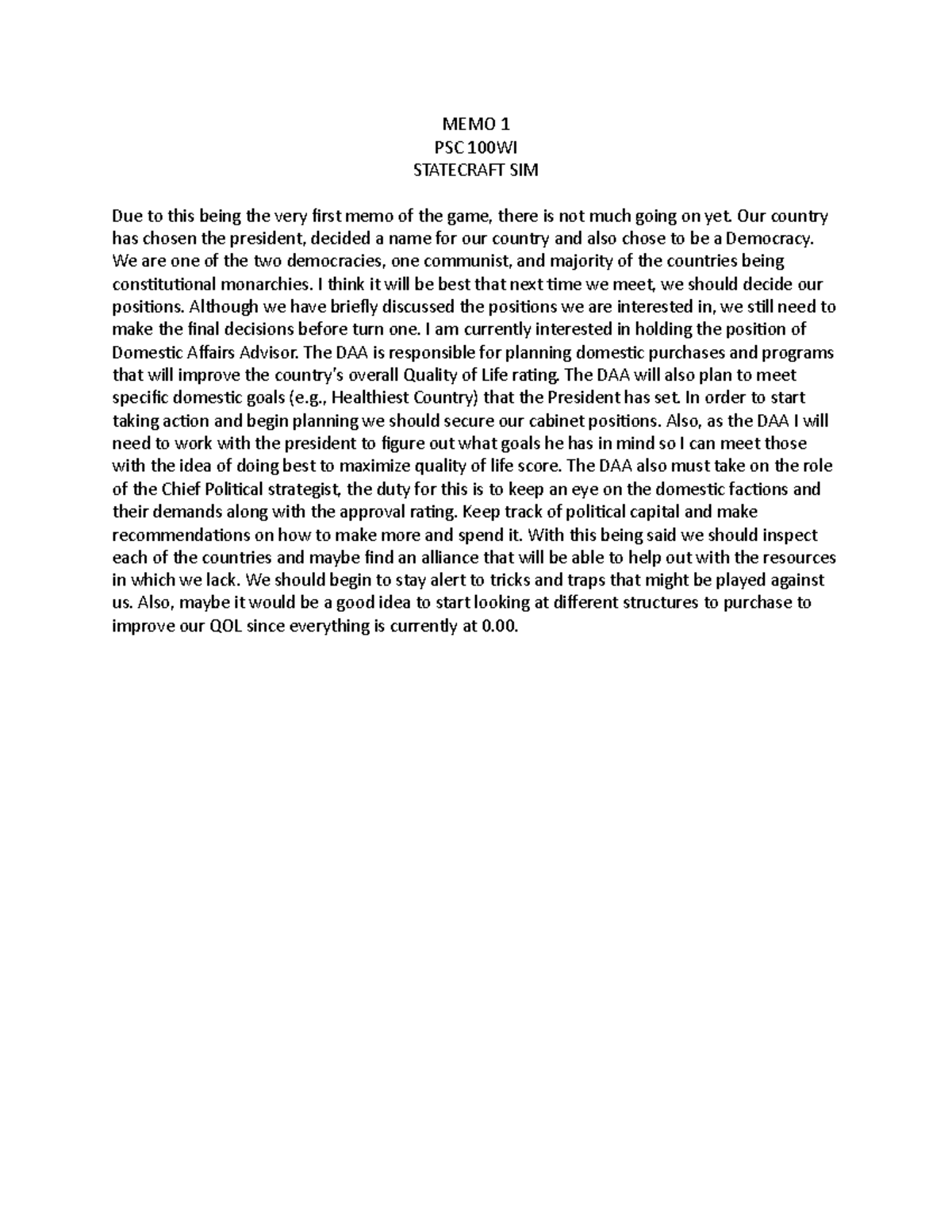 MEMO 1 - Memo for statecraft which are mandatory assignments in the ...