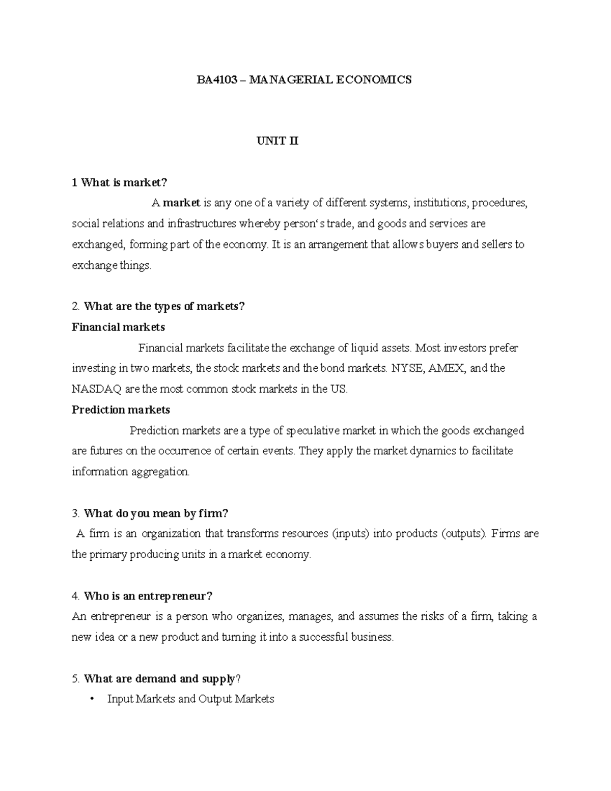 BA4103 MANAGERIAL ECONOMICS UNIT II - Key Concepts and Definitions - Studocu