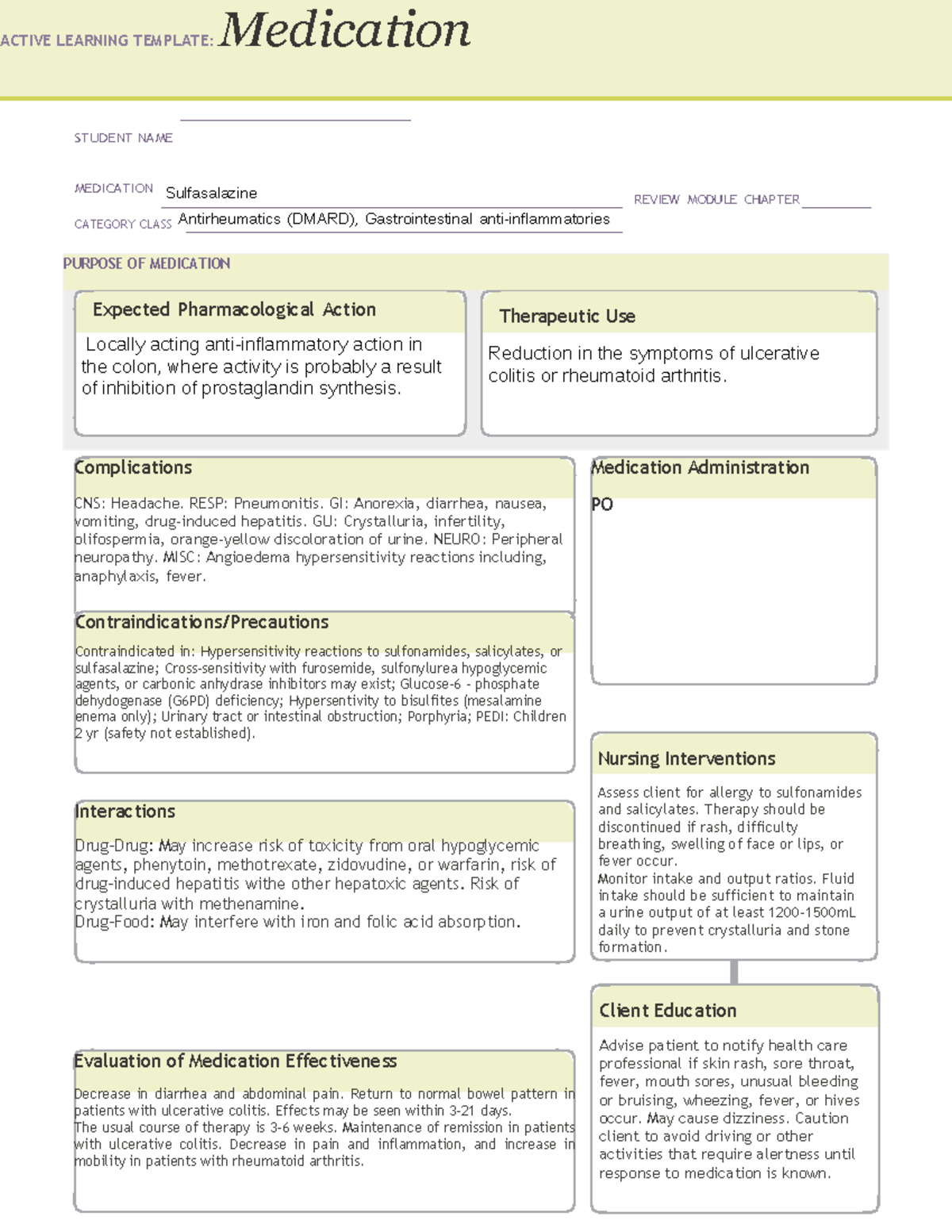 MEDICATION TEMPLATE FOR ATI - ACTIVE LEARNING TEMPLATE: Medication ...