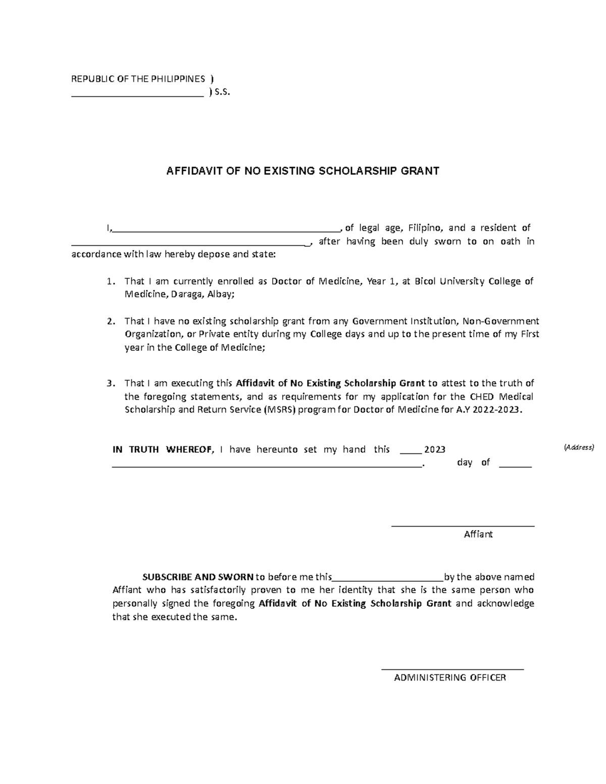 Affidavit of No Existing Scholarship Grant for Doctor of Medicine 2 ...