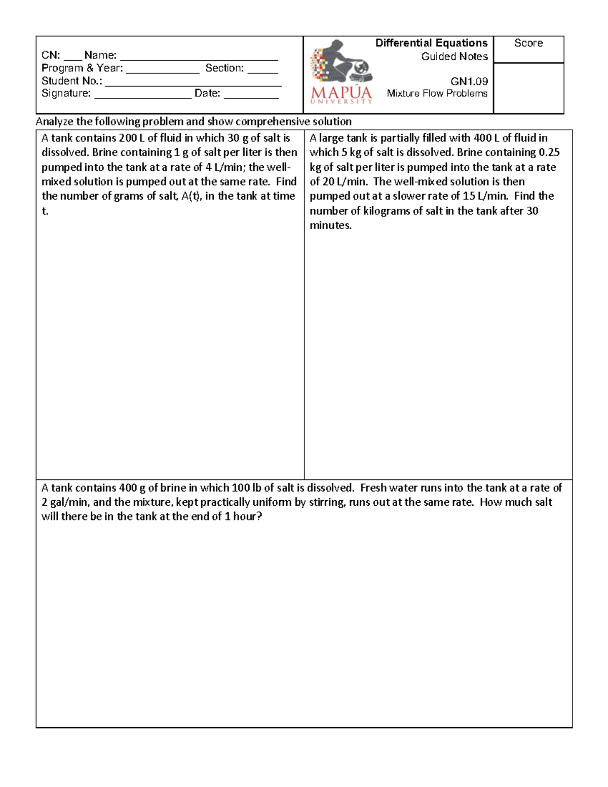 CO1 GN09 Differential Equations Guided Notes on Mixture Flow Problems ...