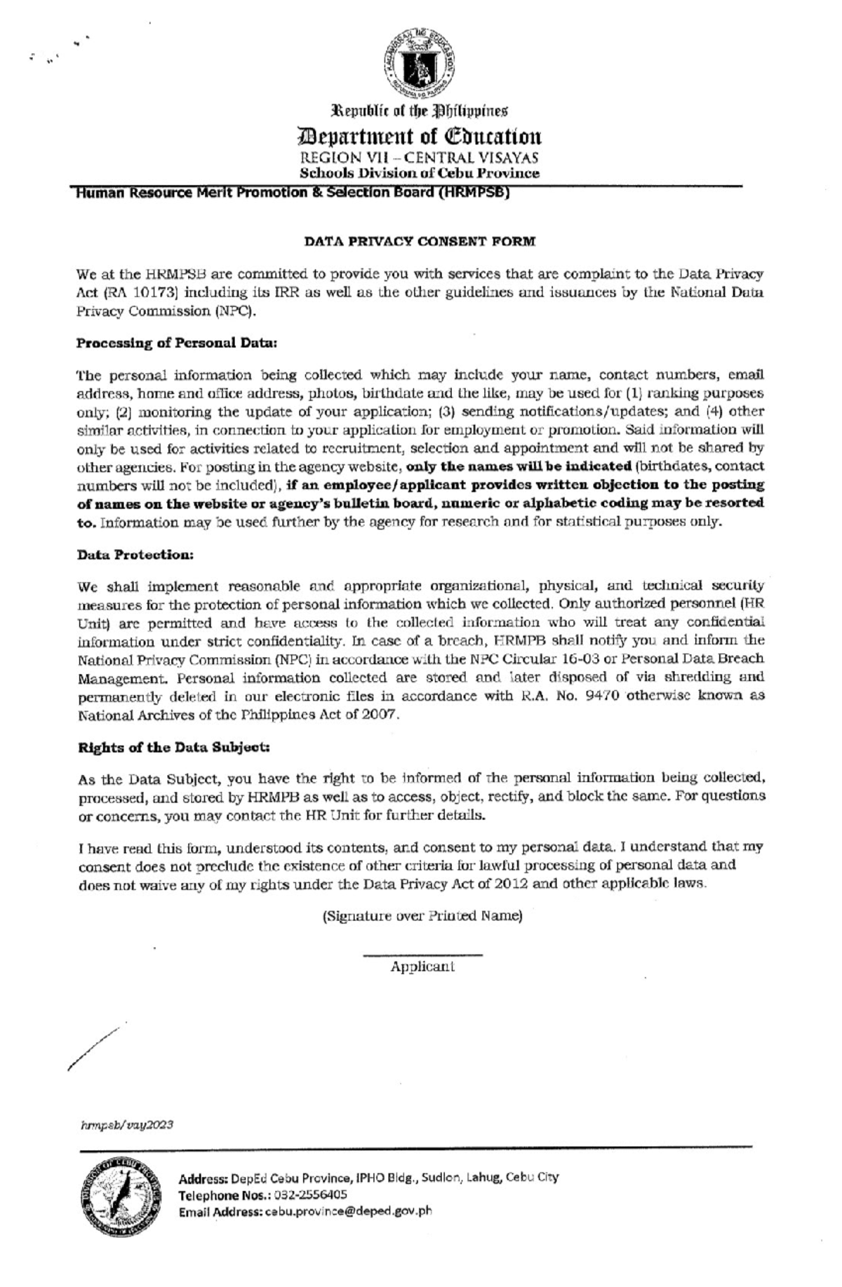 Data Privacy Consent Form for HRMPSB - 054005 - Studocu