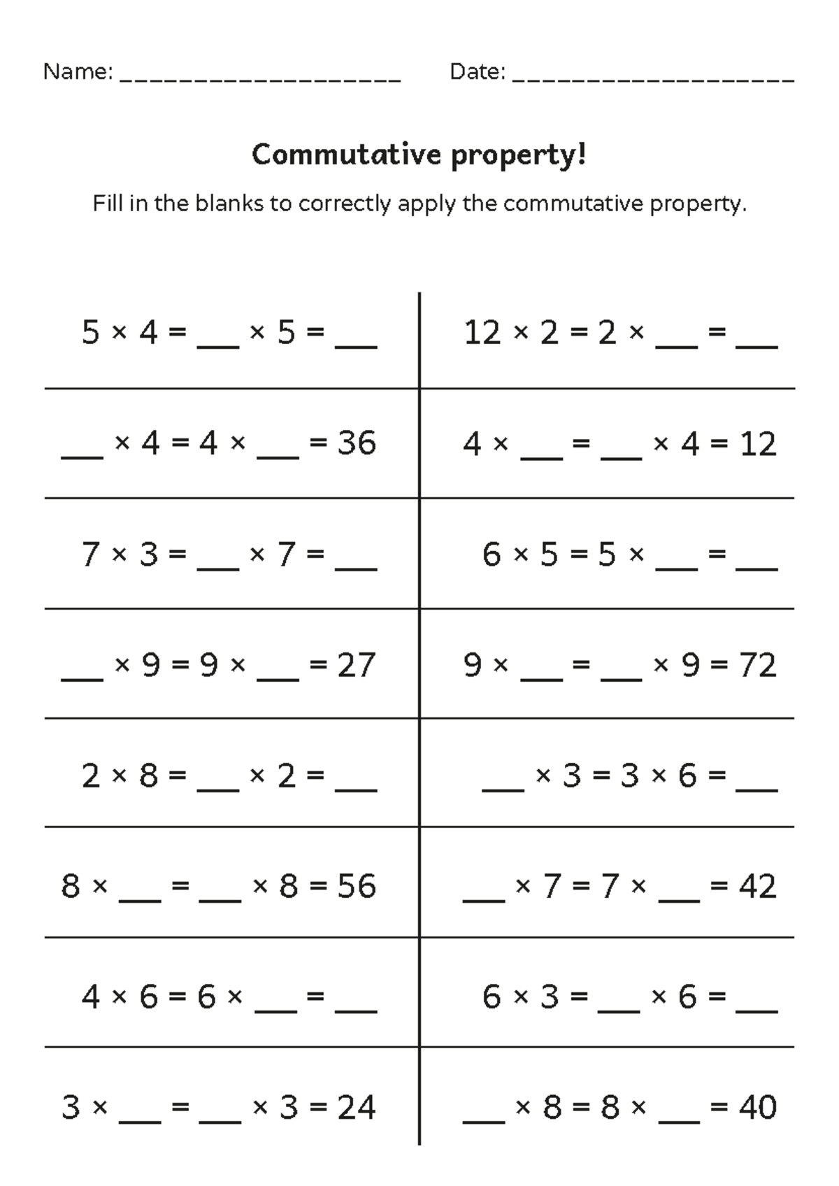Commutative Property Practice - 3rd Grade Worksheet - Name ...