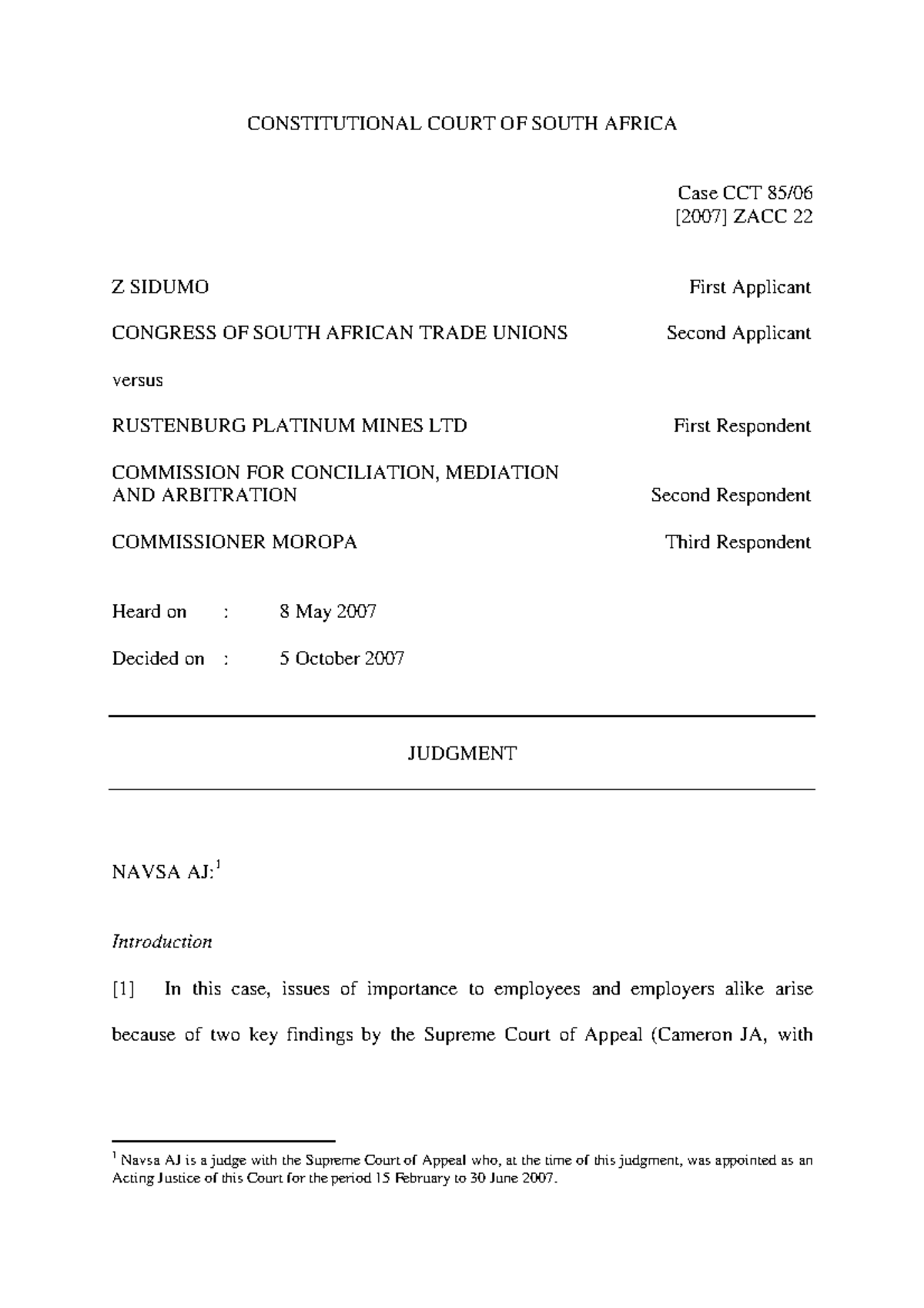 Case Analysis: Sidumo v Rustenburg Platinum Mines Ltd (CCT ZACC 22 ...