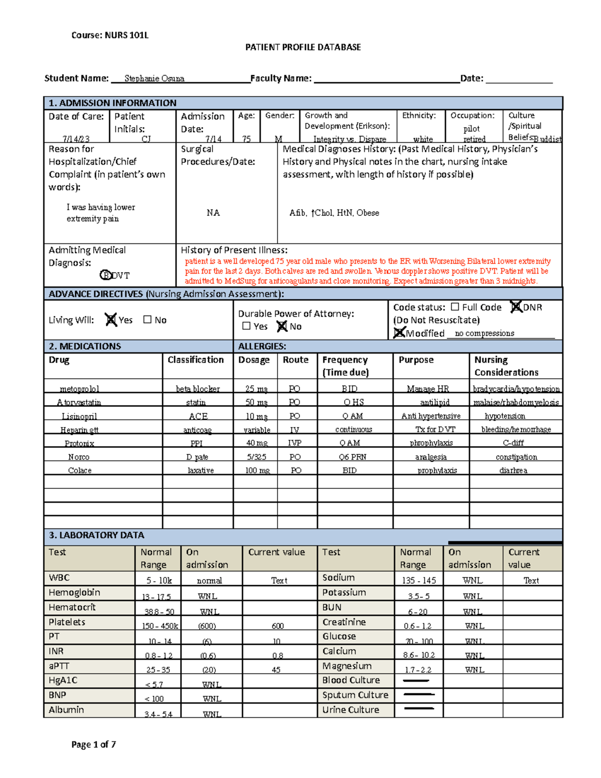 N101L Patient Profile Database Form - PATIENT PROFILE DATABASE Student ...