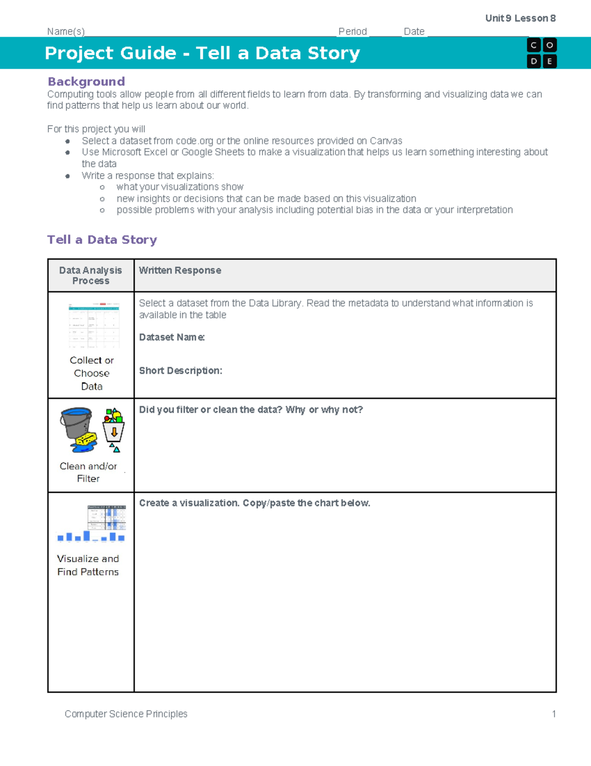 Project Guide: Tell a Data Story for CSP 1 & 2 - Unit 9, Lesson 8 - Studocu