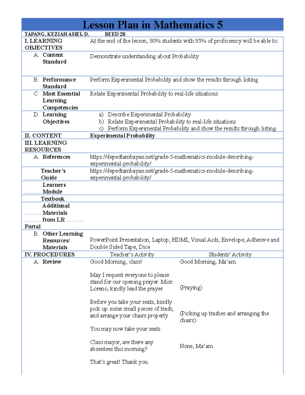 Experimental Probability Final LP - Lesson Plan in Mathematics 5 TAPANG ...