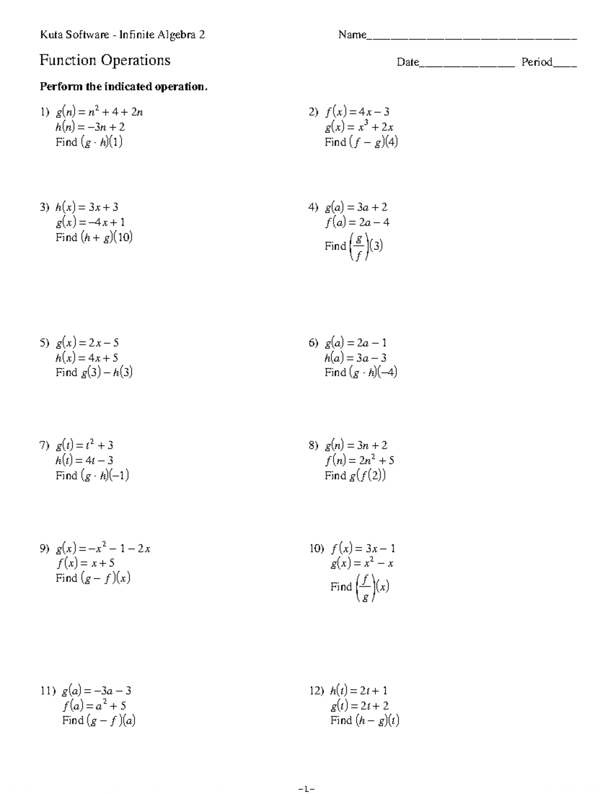 Function Operations Homework and Key - Kuta Software Infinite Algebra 2 ...
