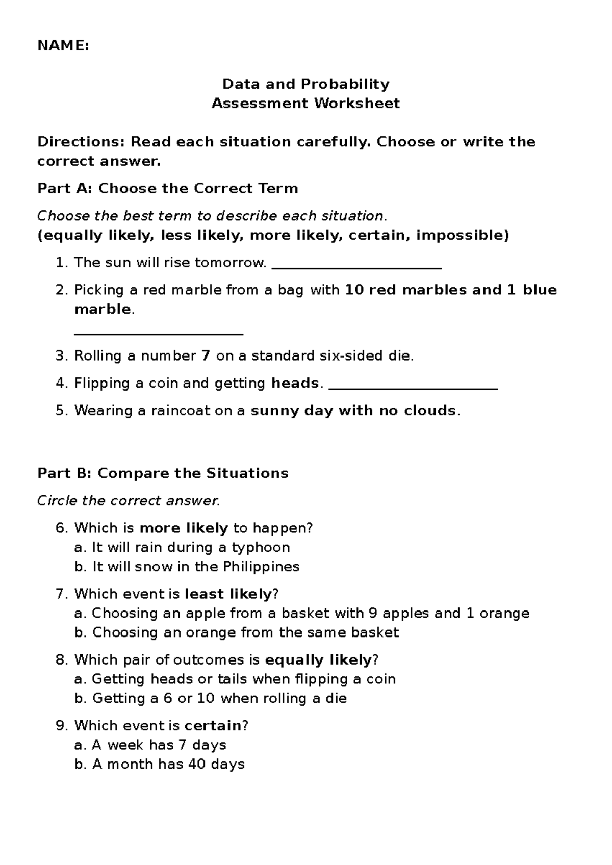 Data and Probability Assessment Worksheet - Studocu