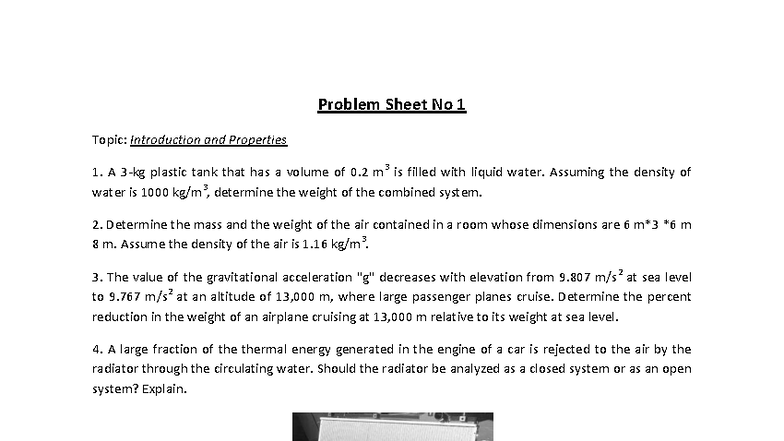 Problem Sheet No 1 - Intro to Thermodynamics & Properties - Studocu