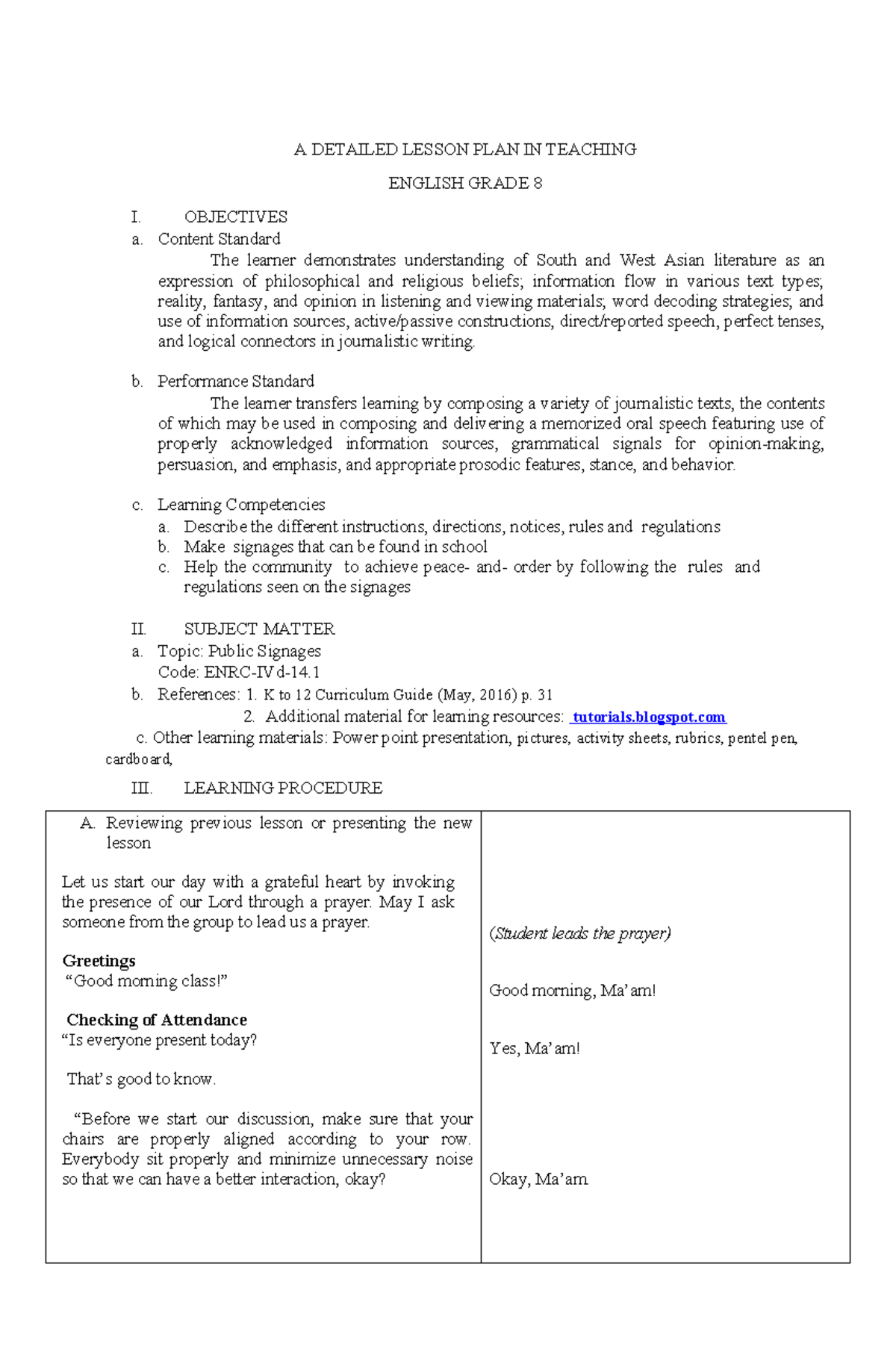 Detailed Lesson Plan: Teaching Public Signages - English 8 (ENRC-IVd-14 ...