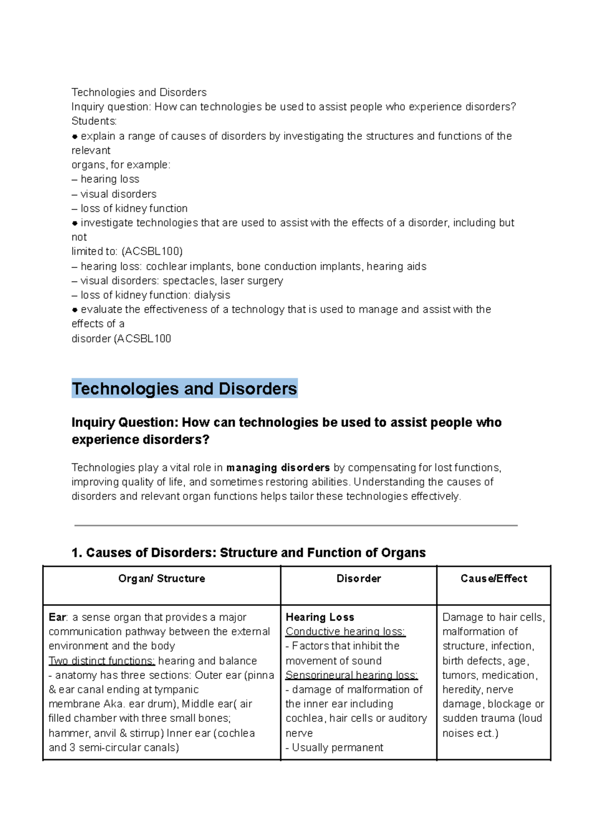 Bio Notes - Module 8: Technologies for Managing Disorders (ACSBL100 ...