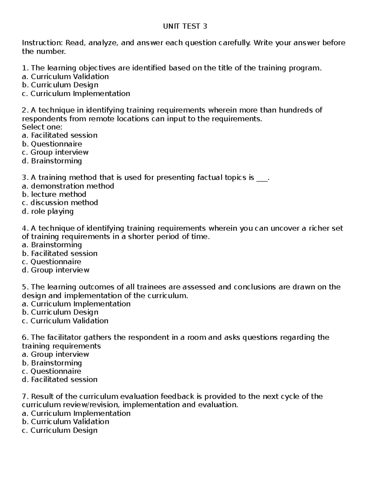 UNIT TEST 3: Curriculum Design & Training Methods Overview - Studocu