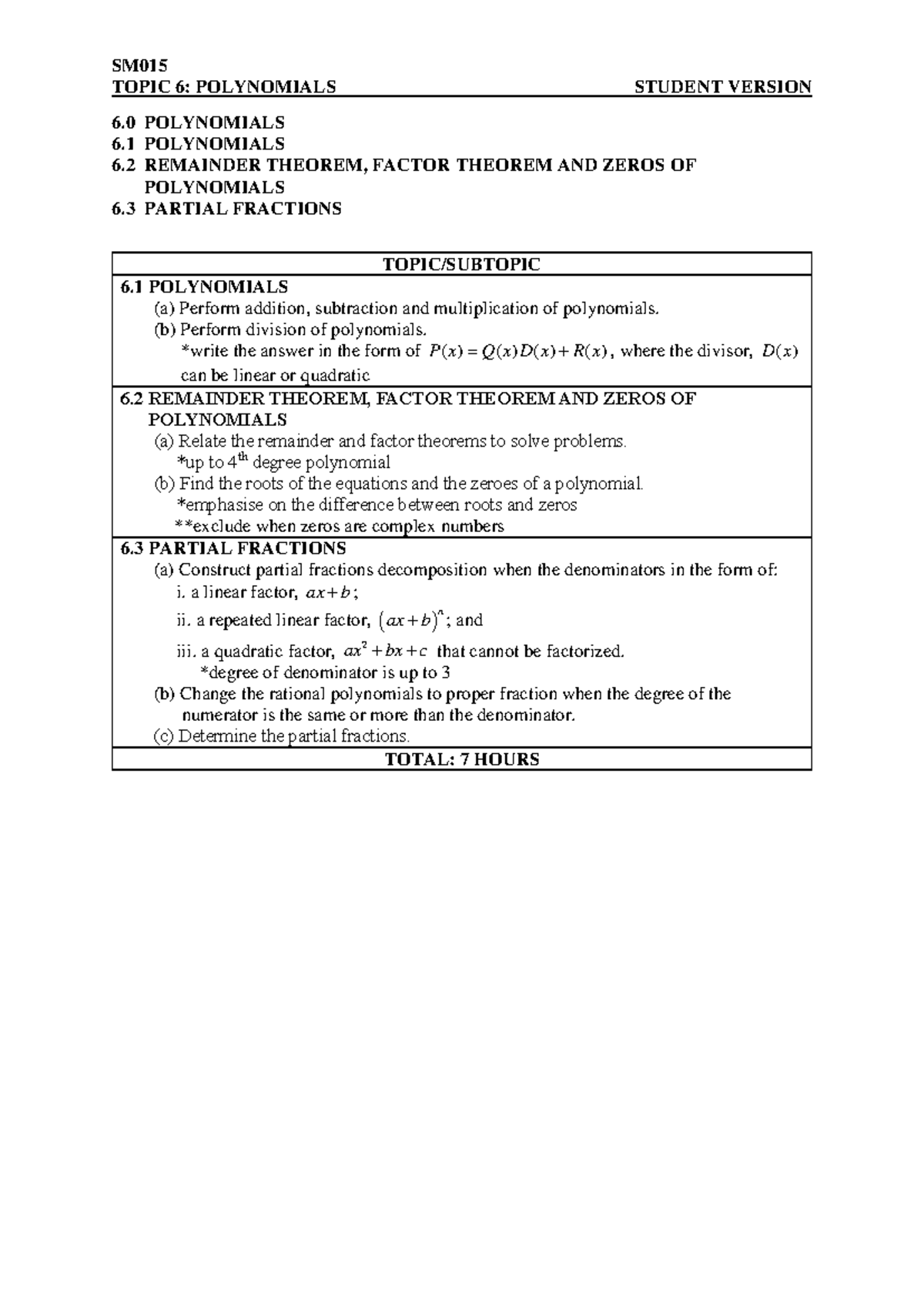 SM015 Lecture Notes: Polynomials, Remainder & Factor Theorems - Studocu