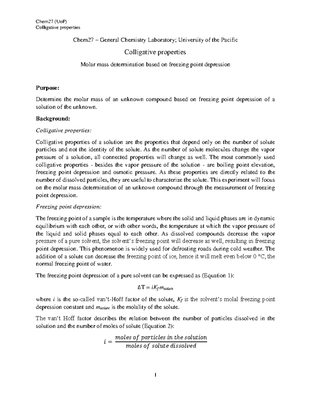 Chem27 (UoP) Colligative Properties Lab: Molar Mass via Freezing Point ...