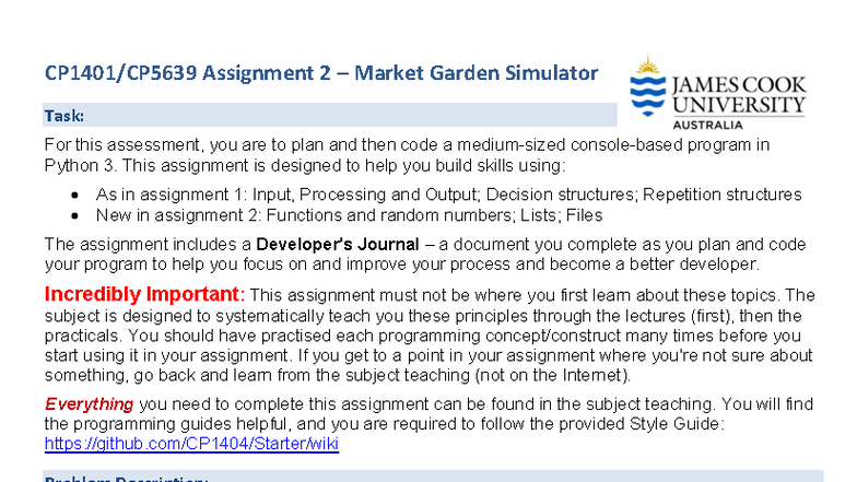 CP1401 Assignment 2: Market Garden Simulator Development Guide - Studocu