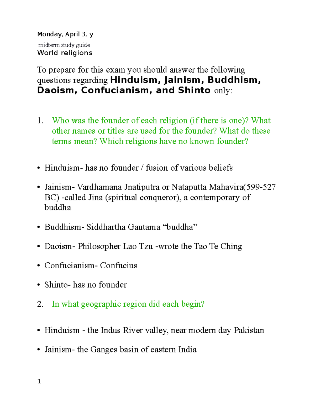 World Religions - Midterm Exam Study Guide (Hinduism, Buddhism, etc ...