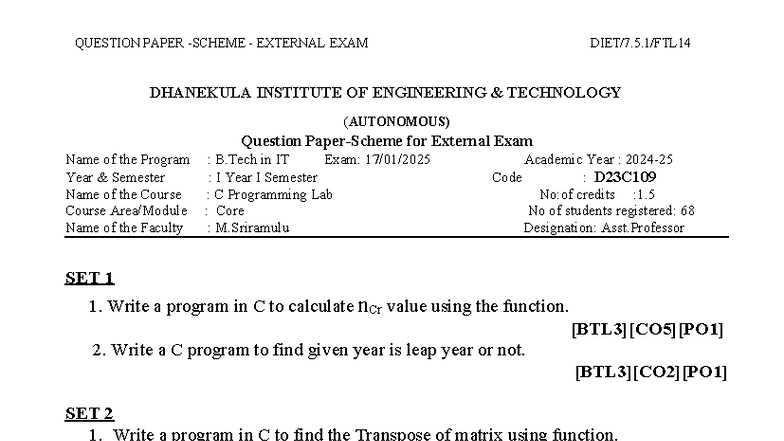 IT D23C109 External Exam: C Programming Lab Questions - Studocu