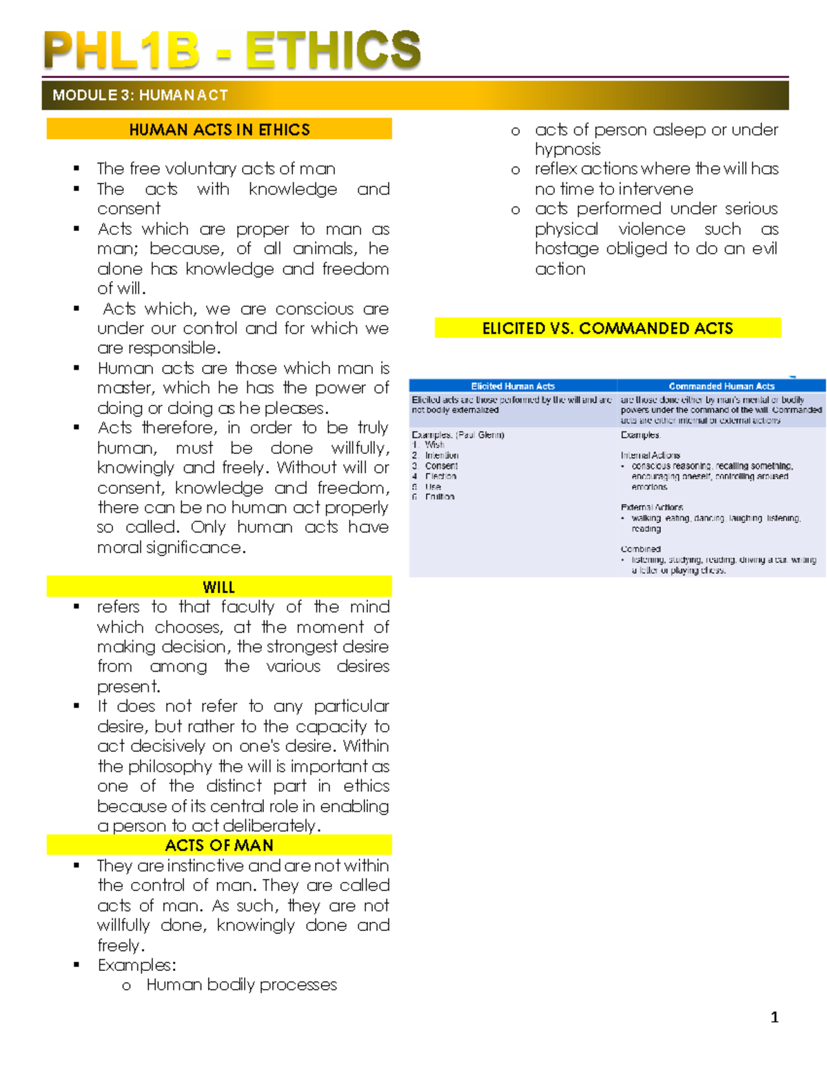 PHL1B Module 3: Human Acts and Ethics Overview - Studocu