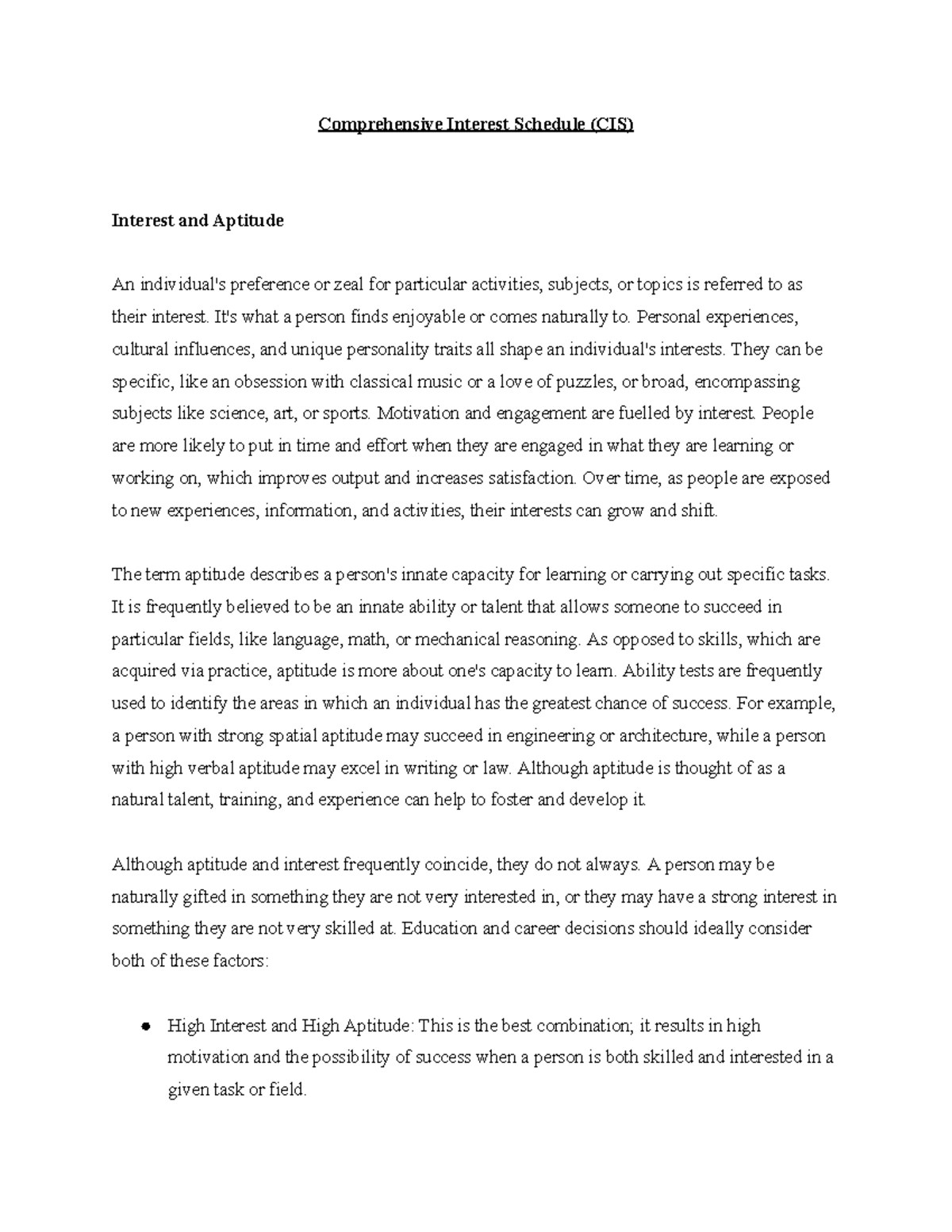 Comprehensive Interest Schedule (CIS) and Career Development Insights ...