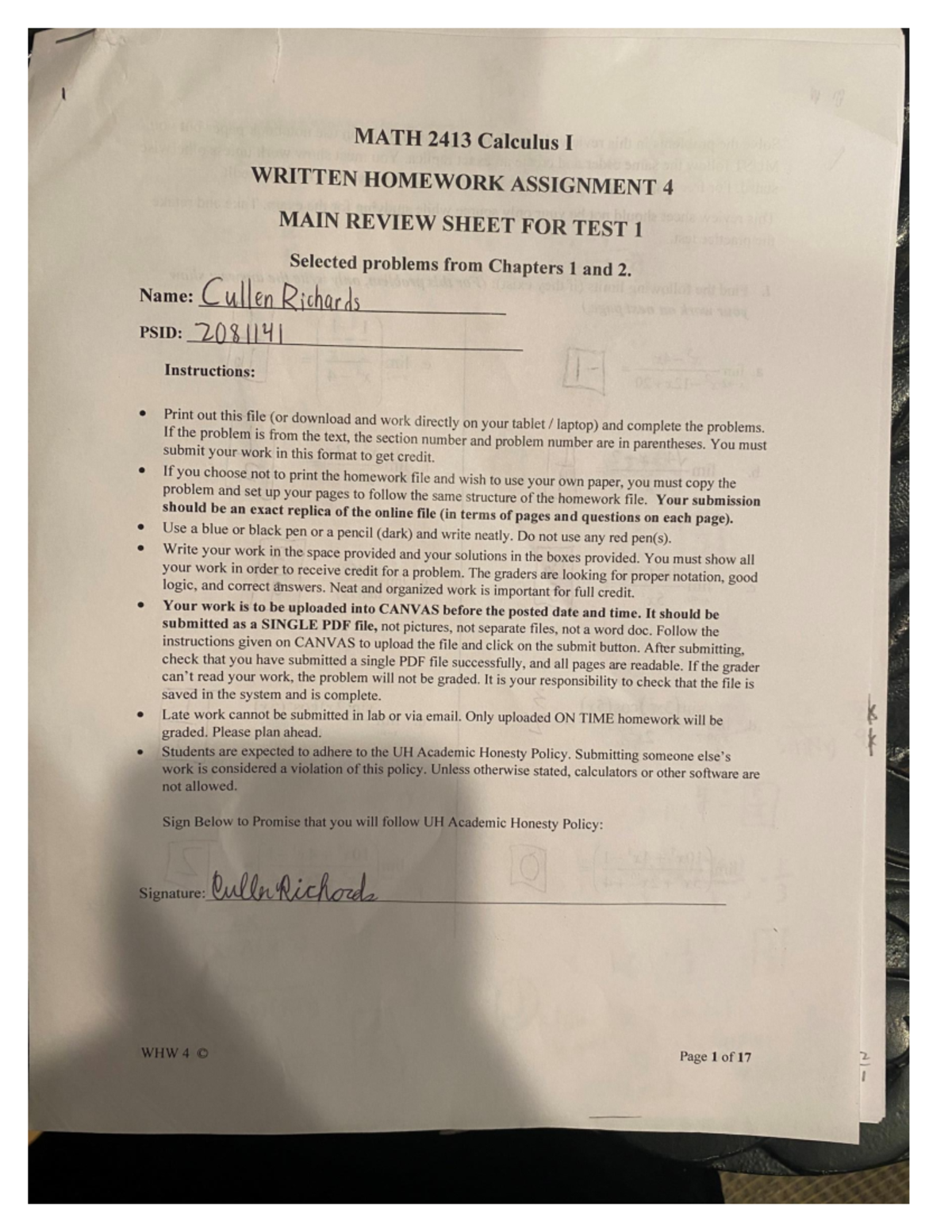 Calc Exam 1 Review Assignment - MATH 1431 - Studocu