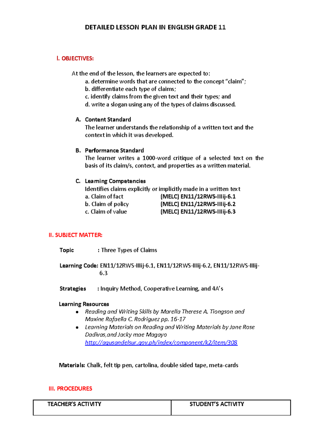 Detailed Lesson Plan: Understanding Claims in English Grade 11 - Studocu