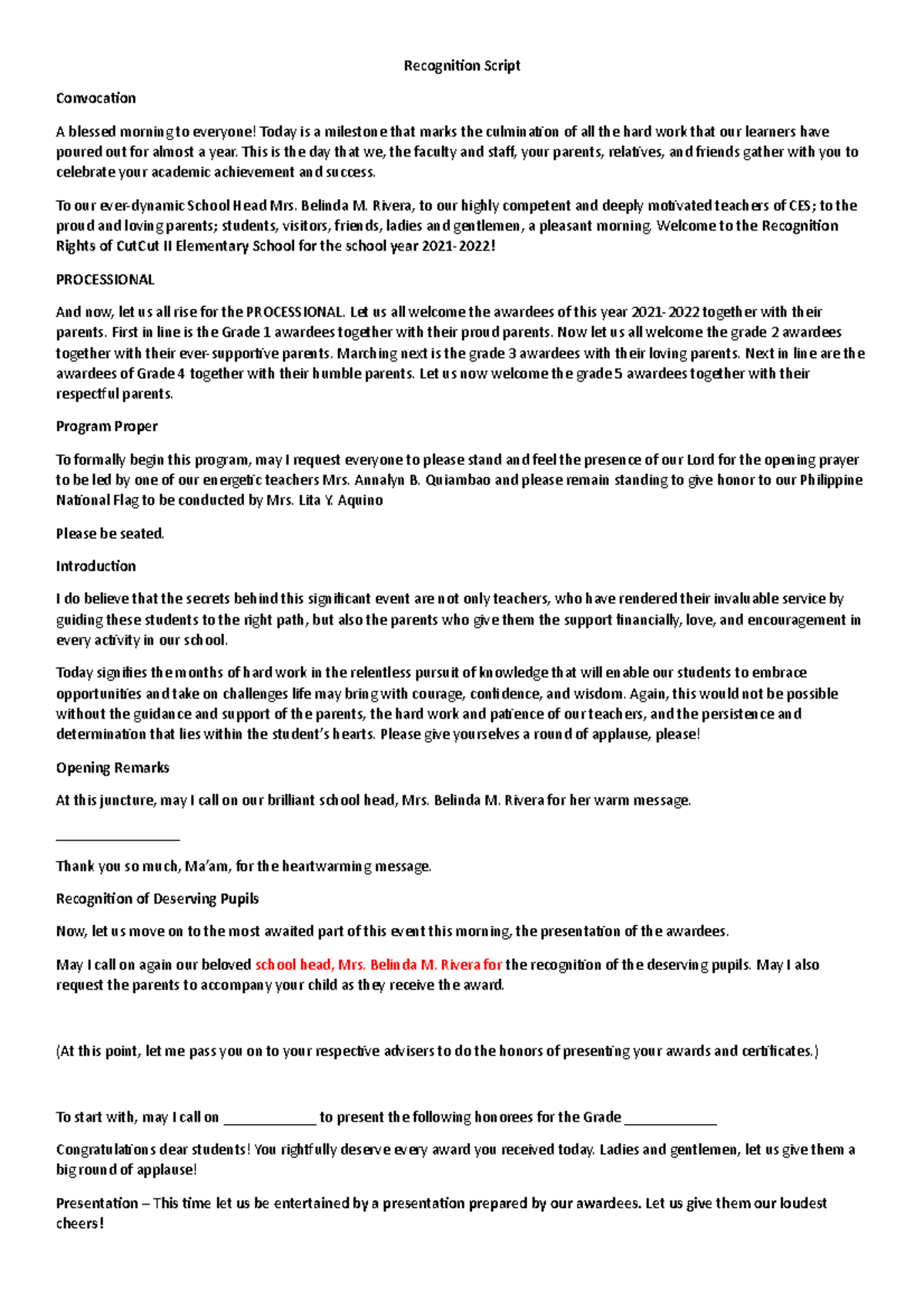 Recognition Script - For hosting - Recognition Script Convocation A ...